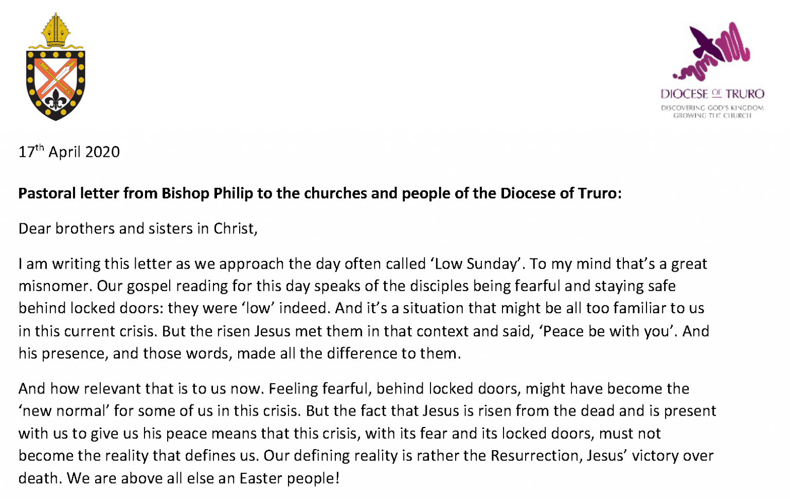 Pastoral letter from Bishop Philip to the churches and people of the ...