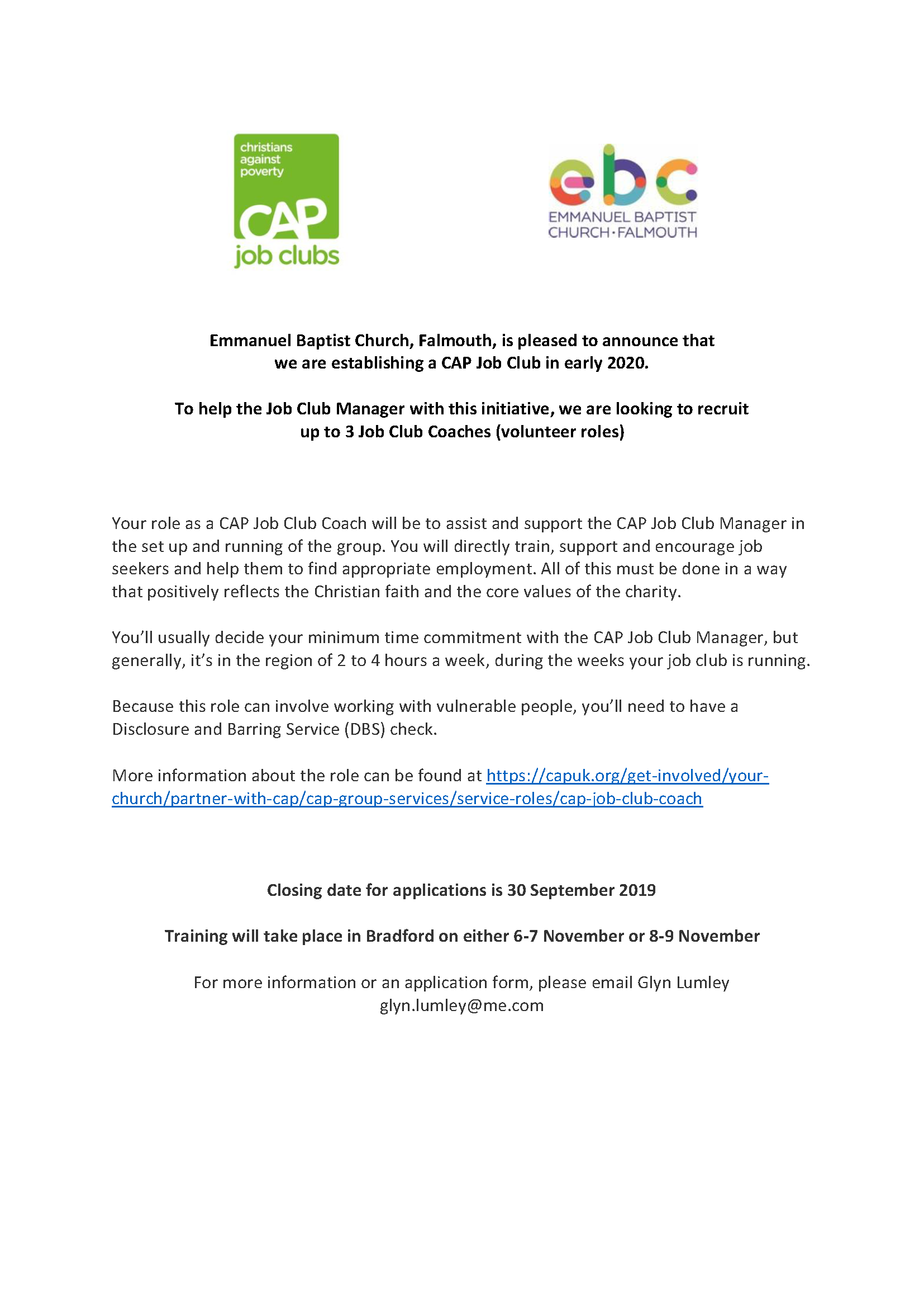 Vacancy: CAP Job Club Coaches, Falmouth : closing date 30 Sep ...