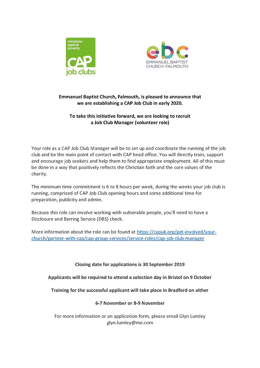 Vacancy: CAP Job Club Manager, Falmouth : closing date 30 Sep ...