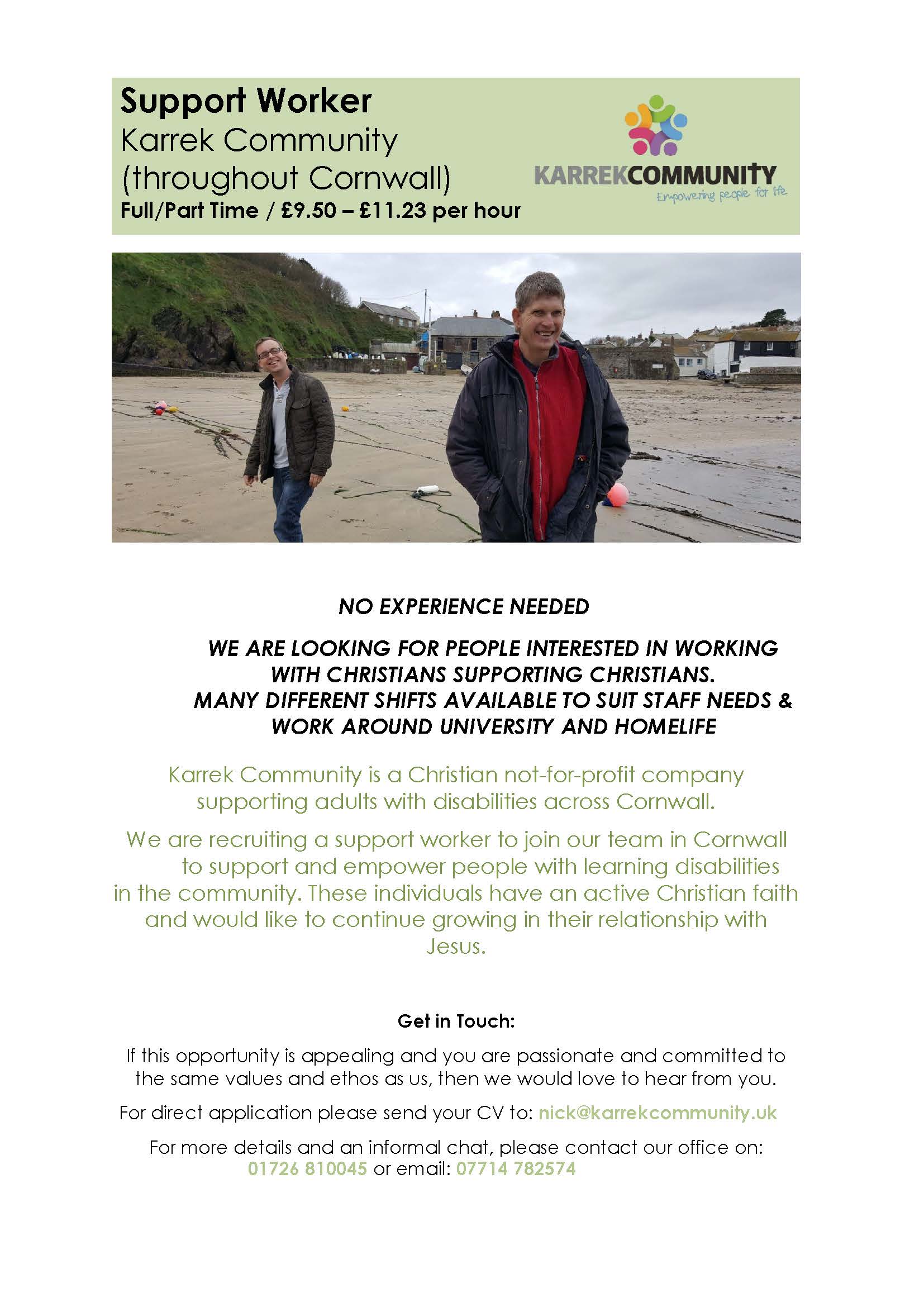Vacancy: Support Worker, Karrek Community – Churches Together in Cornwall