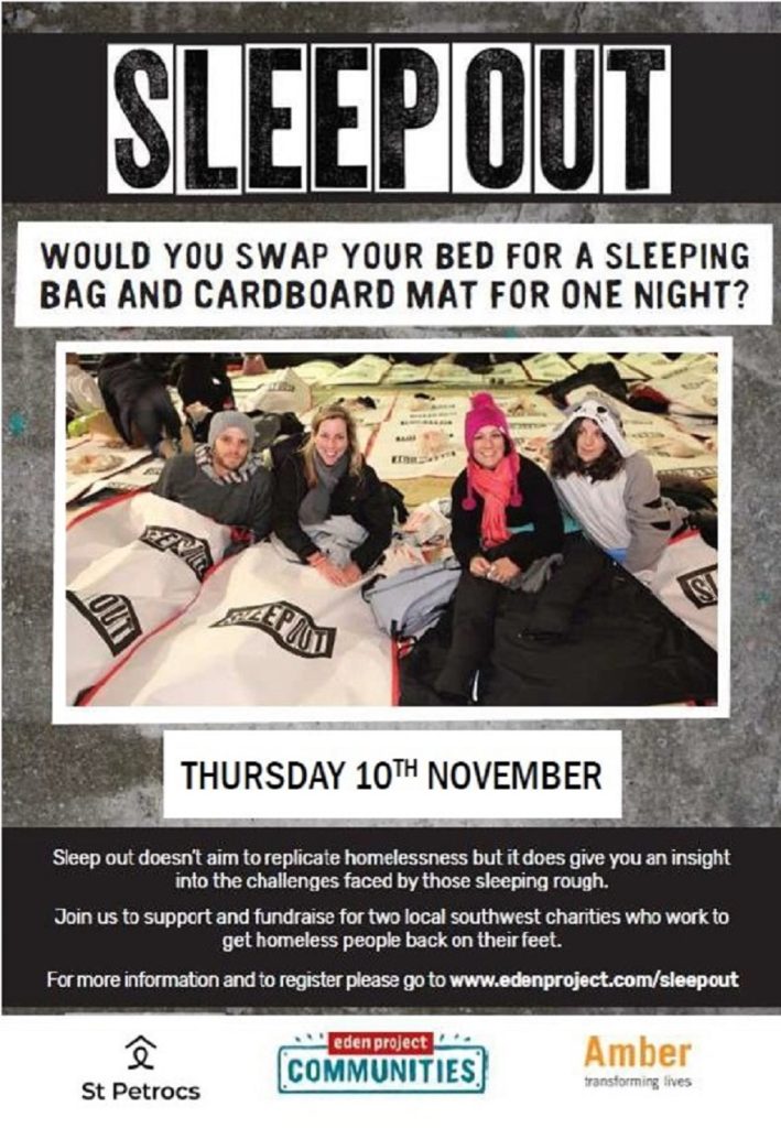 Sleepout for homelessness charities : 10 Nov, Eden Project – Churches Together in Cornwall
